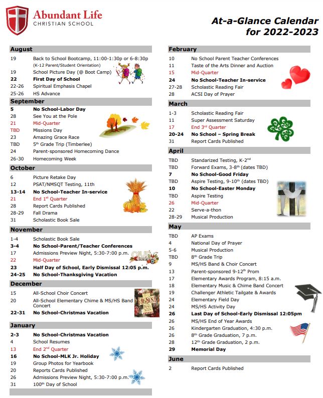 Calendar At-a-Glance - Abundant Life Christian School